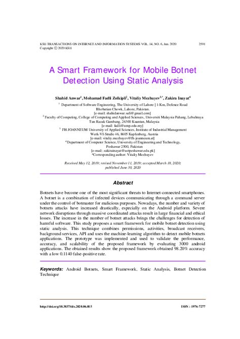 pdf a smart framework for mobile botnet detection using static analysis mohamad fadli