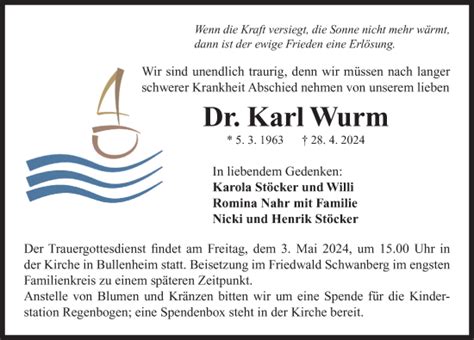 Traueranzeigen Von Karl Wurm Trauer Flz De