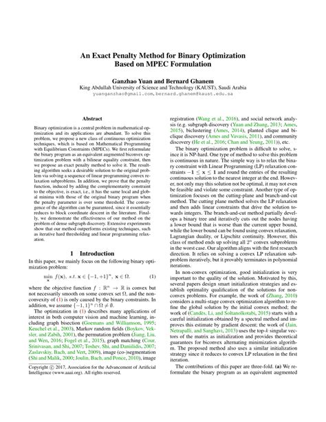pdf an exact penalty method for binary optimization based on mpec formulation