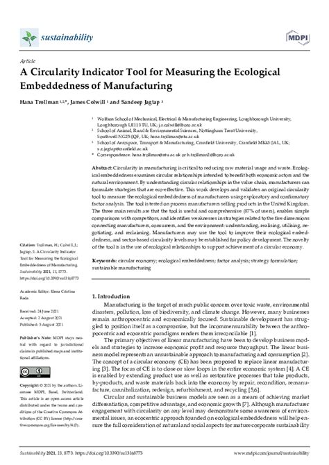 pdf a circularity indicator tool for measuring the ecological embeddedness of manufacturing