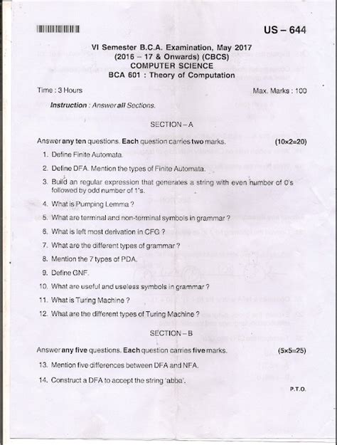 bangalore university b c a computer science bca 601 theory of computation may 2017 question