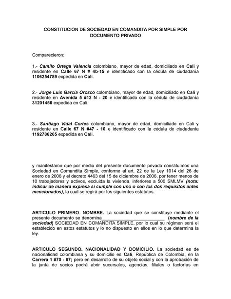 Constitucion Sociedad EN Comandita Simple CONSTITUCION DE SOCIEDAD EN