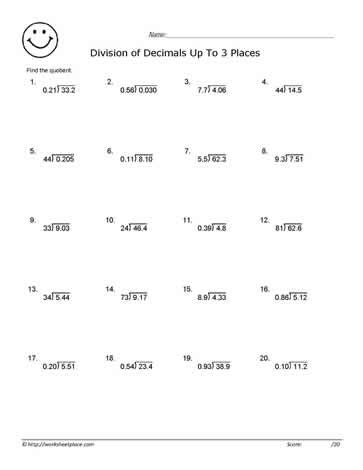 Dividing 1 Digit Decimals By Decimals Worksheets Teaching Resources
