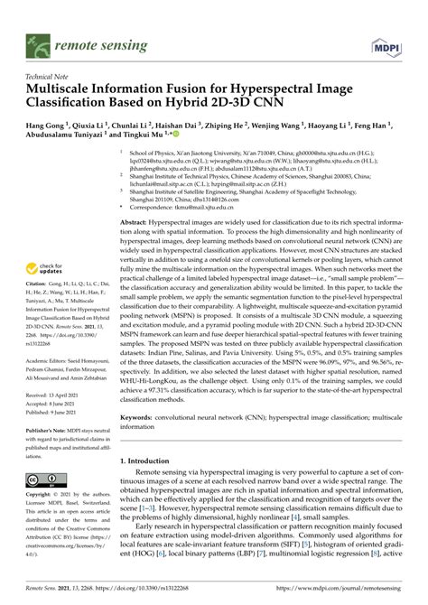 pdf multiscale information fusion for hyperspectral image classification based on hybrid 2d 3d cnn