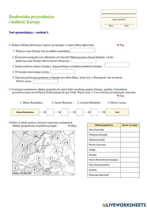 Środowisko geograficzne i ludność Europy online worksheet for Klasa VI