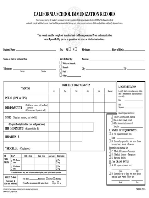 Printable Immunization Record Template