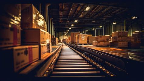Cardboard Boxes On A Conveyor Belt In Factory Large Warehouse Stock