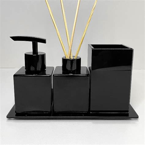 Kit Lavabo Preto Porta Escova Vidros P Difusor E Porta Sabonete