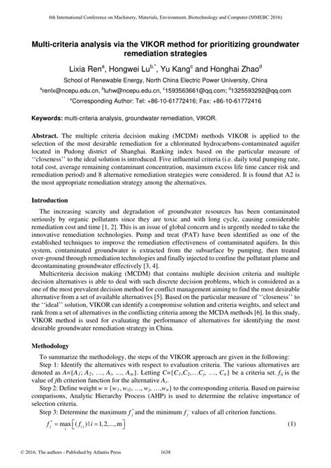 pdf multi criteria analysis via the vikor method for prioritizing groundwater remediation