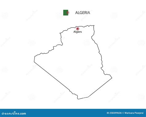 Hand Draw Thin Black Line Vector Of Algeria Map With Capital City