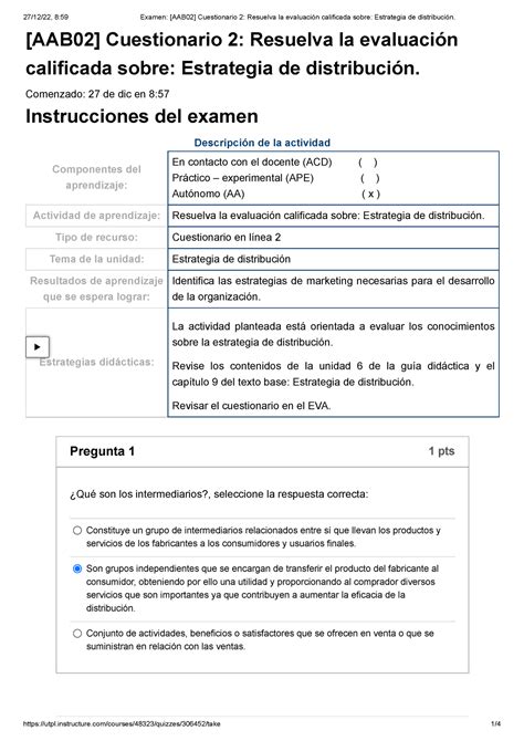 Examen AAB02 Cuestionario 2 Resuelva la evaluación calificada sobre