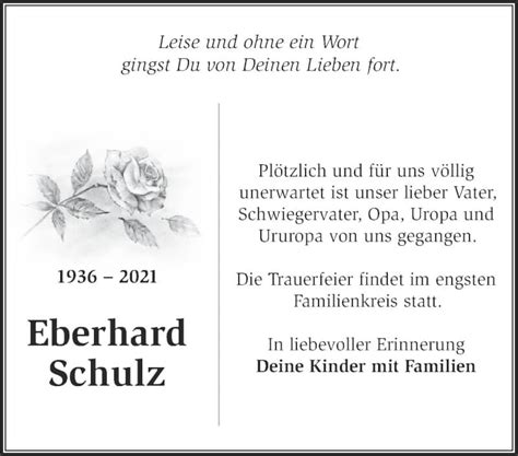 Traueranzeigen von Eberhard Schulz Märkische Onlinezeitung Trauerportal