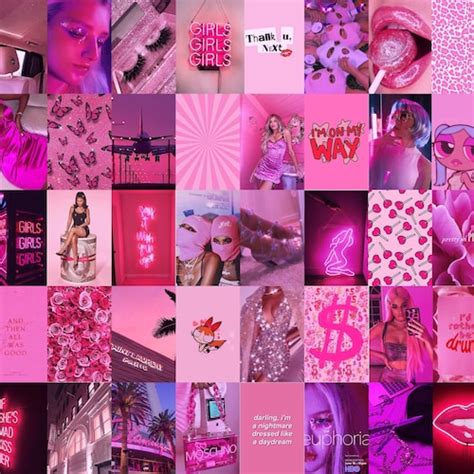 Pink Photo Wall Collage Kit Hot Pink Aesthetic Bright Neon Etsy