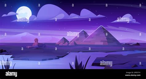 Pyramids In Egypt Desert Near Nile River Vector Night Cartoon Landscape