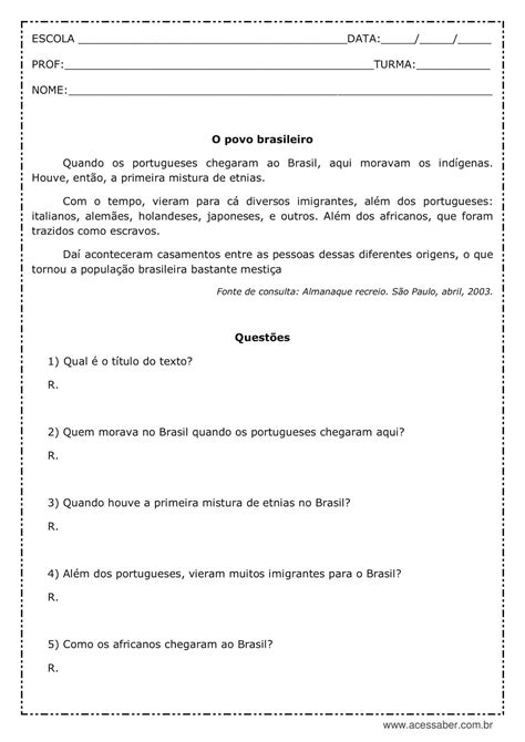 Atividade Sobre A Formação Do Povo Brasileiro 4 Ano BRAINCP