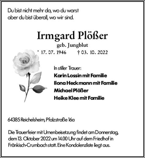 Traueranzeigen von Irmgard Plößer vrm trauer de