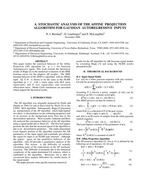 pdf a stochastic analysis of the affine projection algorithm for gaussian autoregressive inputs