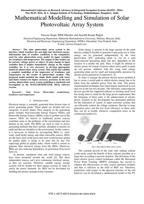 pdf mathematical modelling and simulation of solar photovoltaic array system