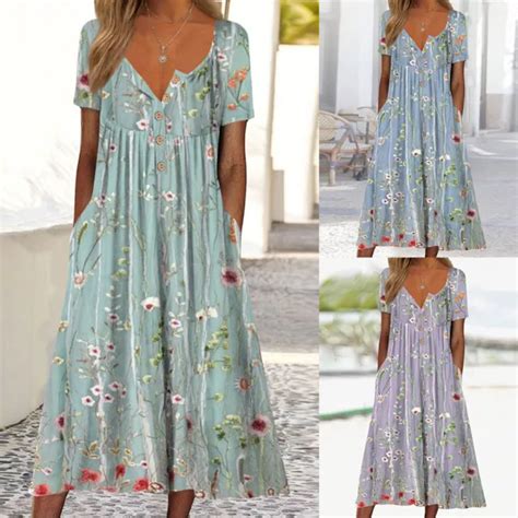ROBE MI LONGUE D ÉTÉ Pour Femmes Col En V Manches Courtes Fête Boutons