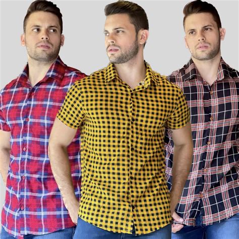 Camisa Xadrez Masculina Manga Curta De O Em Viscose Social Blusa