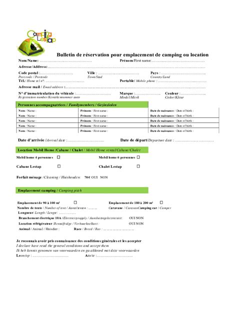 Fillable Online Formulaire De Rservation 2021 Booking Form 2021 Fax