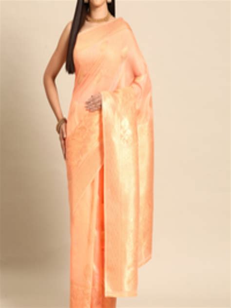 Buy Silk Land Peach Coloured Gold Toned Woven Zari Design Saree