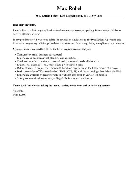 Advocacy Manager Cover Letter Velvet Jobs