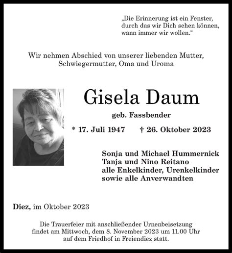 Traueranzeigen Von Gisela Daum Rz Trauer De