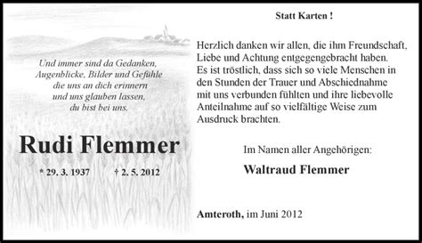 Traueranzeigen Von Rudi Flemmer Rz Trauer De