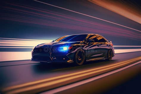 Sports Car Driving At Fast Speed On City Road With Motion Blur Effect