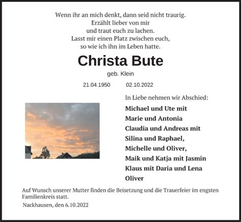 Traueranzeigen Von Christa Bute WirTrauern