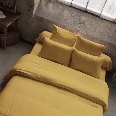 Housse De Couette Double Gaze De Coton Jaune Safran 240x220 Cm