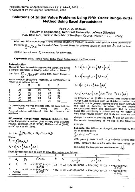 pdf solutions of initial value problems using fifth order runge kutta method using excel