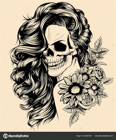 Girl Skeleton Make Hand Drawn Vector Sketch Santa Muerte Woman Stock