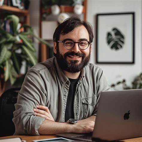 Premium Photo Man Sitting At Table With Laptop
