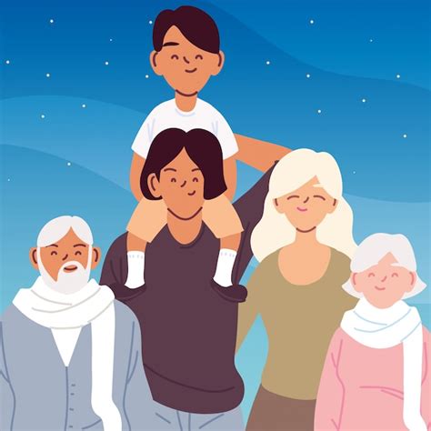 Madre Padre E Hijo Con Dibujos Animados De Abuelos Vector Premium