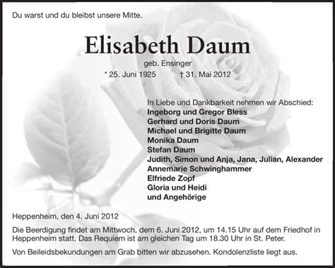 Traueranzeigen Von Elisabeth Daum Vrm Trauer De