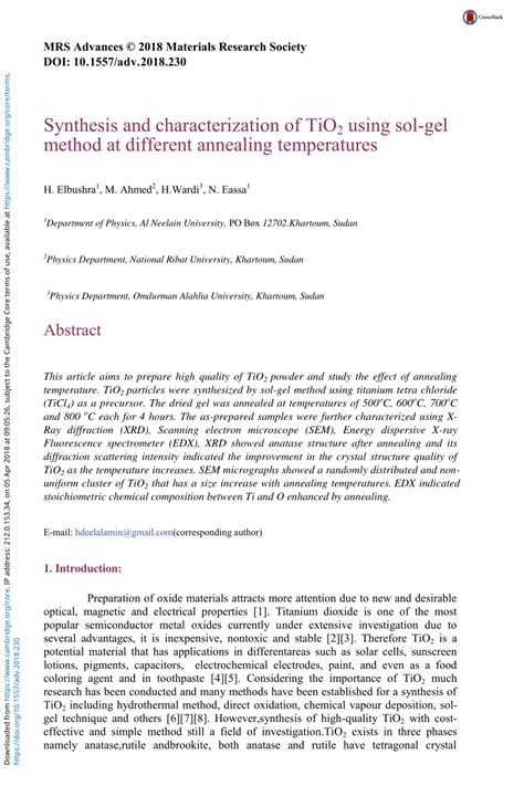 pdf synthesis and characterization of tio2 using sol gel method at different annealing