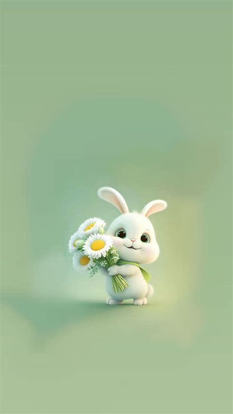 A White Rabbit Holding A Bouquet Of Daisies