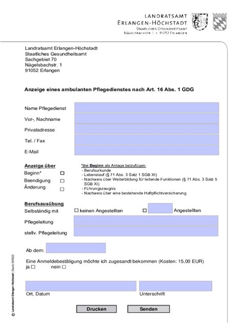 Ausfüllbar Online Anzeige eines ambulanten Pflegedienstes nach Art 16