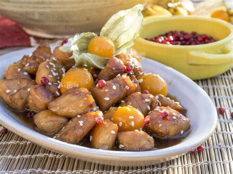 Poulet caramélisé au miel et aux physalis Preciosa