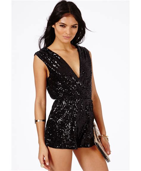 Lyst Missguided Lace Long Sleeve Plunge Playsuit Black In Black