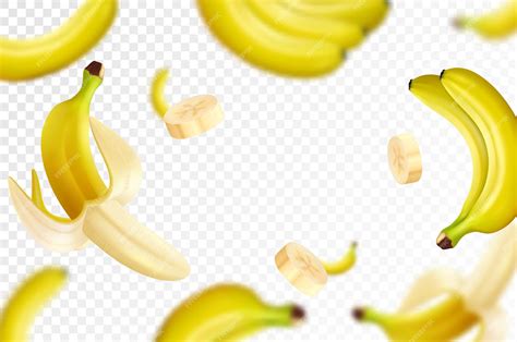 Premium Vector Banana Background Flying Bananas Are Peeled And Banana Bunches Unfocused And