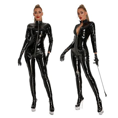 Stretch Sexy Women Faux Leather Jumpsuit Wet Look Latex Pvc Catsuitlong Sleeve Zipper Open