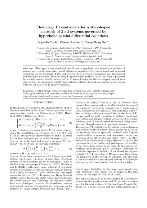 pdf boundary pi controllers for a star shaped network of 2 x 2 systems governed by hyperbolic