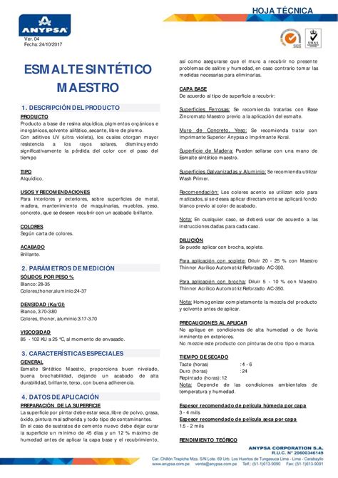 Esmalte Sintetico Maestro Anypsa Ficha Tecnica HOJA TÉCNICA Ver 04