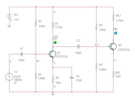 Two Stage RC Coupled Amplifier Multisim Live
