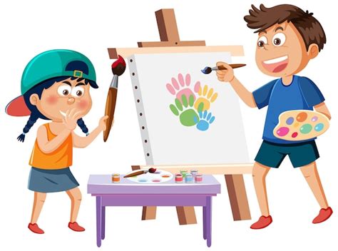 Niños pintando sobre lienzo Vector Premium