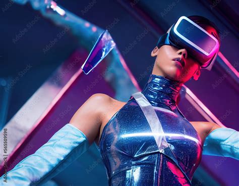 Splendid Futuristic Woman In Cyberpunk World With VR Headset Portrait