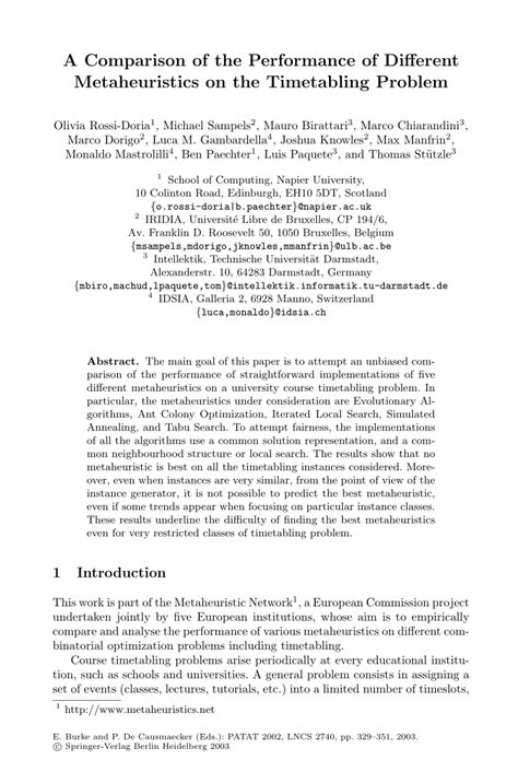 pdf a comparison of the performance of different metaheuristics on the timetabling problem